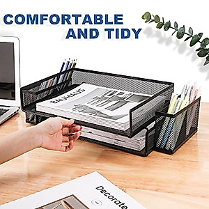 ProAid Paper Letter Tray Organizer with 2 Pen Holders, 2 Tier Stackable Desktop File Organizer, Mesh Office Supplies Desk Organizer, Black