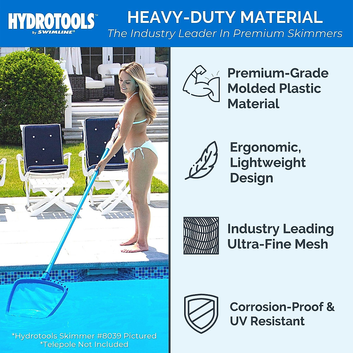HYDROTOOLS By SWIMLINE 8005 Introductory Residential Leaf Skimmer Net Head Cleaner | For Swimming Pool Spa Fountain Pond Hot Tub | Leaves Bugs Debris Fine Cleaning Maintenance | Heavy Duty Extra Large