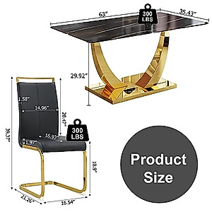Maotifeys Luxury Black Faux Marble Dining Table Set for 6, Modern Kitchen Table with 6 Black Leather Dining Chairs 7-Piece Dining Table and Chairs for 6 with Polished Gold Metal Legs