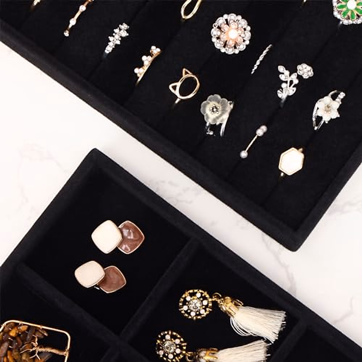 Fixwal Jewelry Tray for Drawers Set of 3, 14in Stackable Jewelry Organizer, Jewelry Storage for Earring, Necklace, Bracelet, Watch with Removable Divider, Black