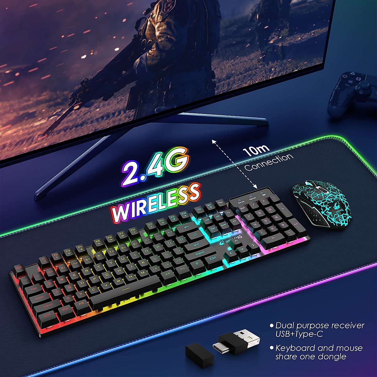 Wireless Gaming Keyboard and Mouse,Rechargeable Orange Backlit Keyboard Mouse with 3800mAh Battery,Mechanical Feel Gaming Keyboard,7 Color Gaming Mute Mouse,Gaming Mouse Pad for PC Gamer