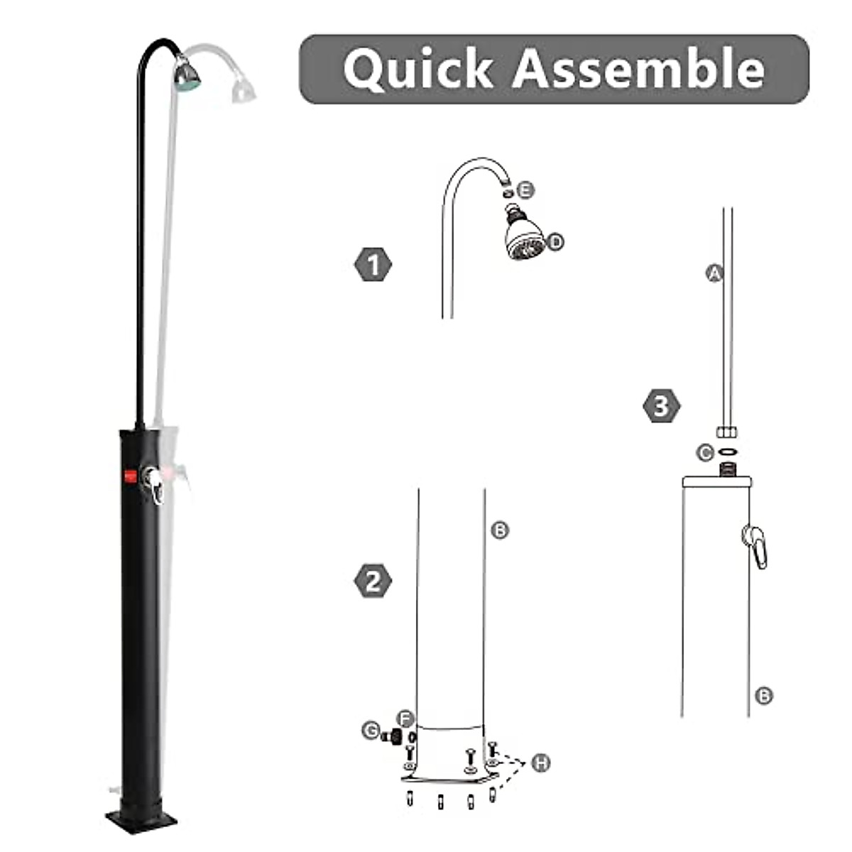 VINGLI 7FT Solar Heated Shower, Pool Solar Shower Kit with Shower Head for Outdoor Backyard Poolside Beach Pool Spa,Black