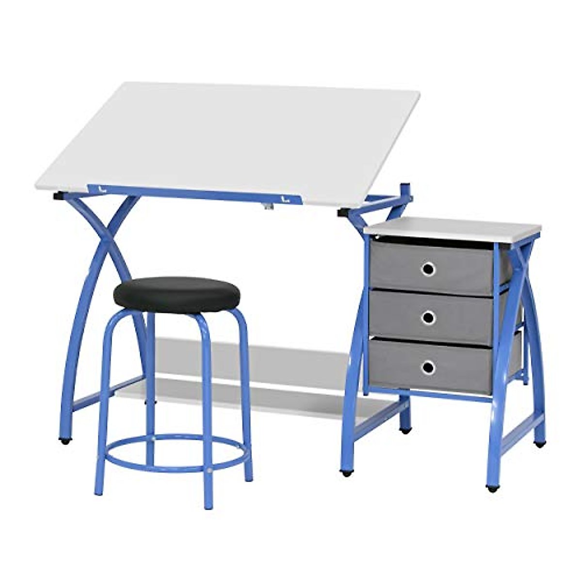 SD STUDIO DESIGNS 2 Piece Comet Center Plus, Craft Table and Matching Stool Set with Storage and Adjustable Top, 50"W x 23.75"D x 29.5"H, Blue/White