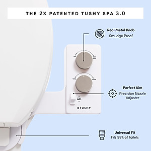 Tushy Spa Warm Water Bidet Attachment. Universal Toilet Fit, Easy DIY Install (Requires Sink Access for Temperature Control) Self Cleaning Sprayer, Adjustable Pressure & Angle Control, (Platinum Knob)
