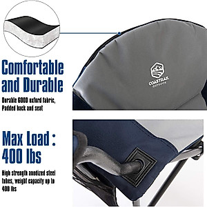 Coastrail Outdoor Camping Chair Oversized Padded Folding Quad Arm Chairs with Lumbar Back Support, Cooler Bag, Cup Holder & Side Pocket, Extra Head Pocket, Supports 400 lbs (Blue, Modern)