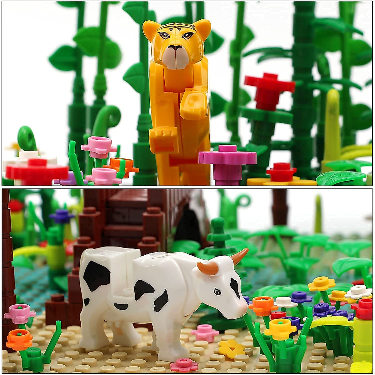 Feleph Jungle Toy Building Set MOC Garden Playset with 2 Baseplates Forest Wildlife Bridge Plants Trees Flowers Animals Cow Wetland Park Kit Block Accessories Compatible with Major Brand
