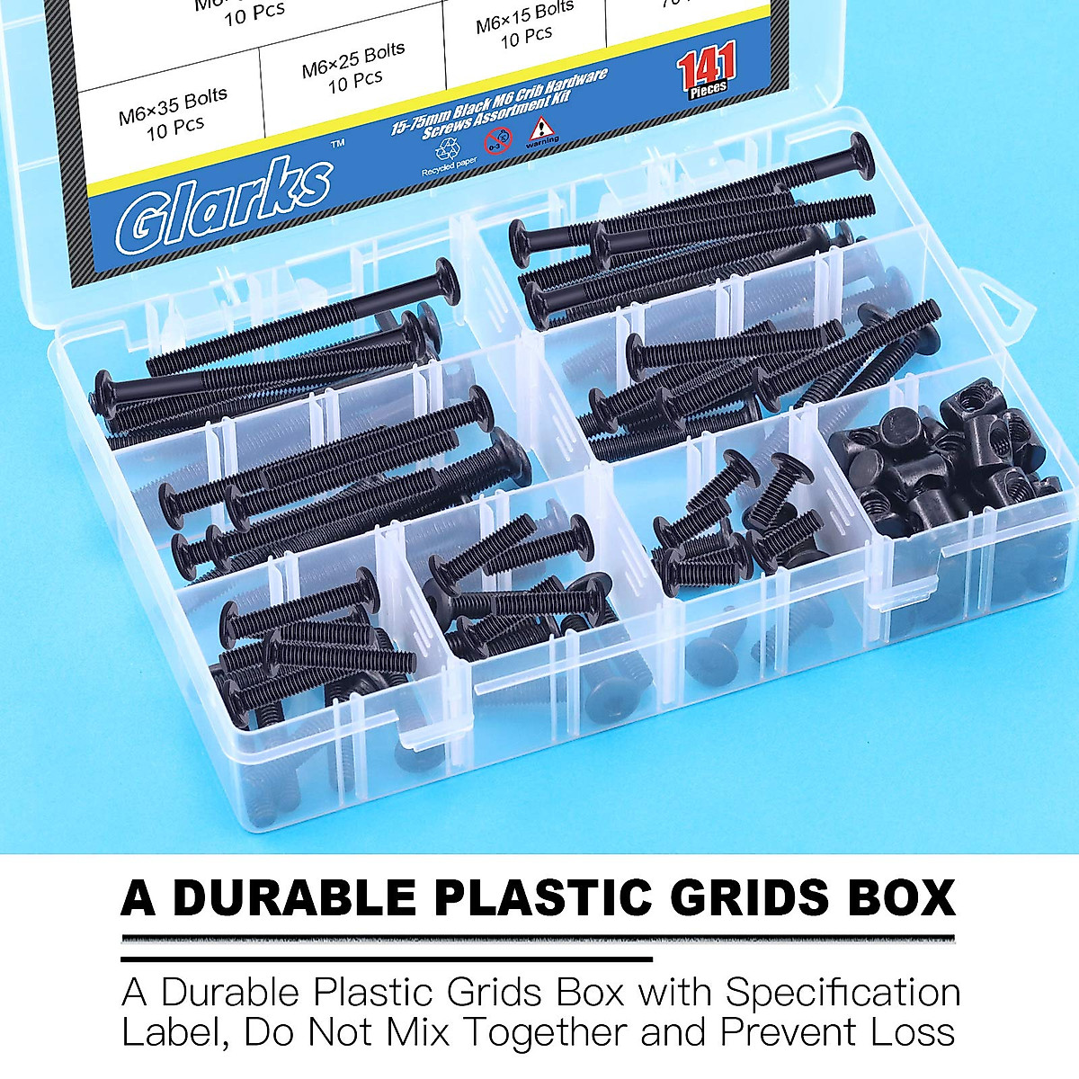 Glarks 141Pcs Baby Bed Crib Screws Hardware Replacement Kit, M6x15/ 25/35/ 45/55/ 65/ 75mm Black Hex Socket Cap Screws and Nuts Assortment Kit for Chair Table Cabinets Furniture