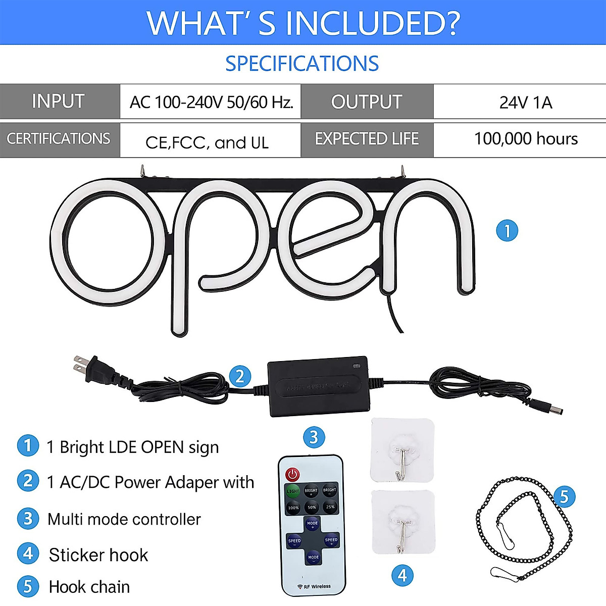 LED Open Sign,16x6 inch Open Sign for Business,With multiple flashing modes, Ideal for Restaurant, Bar, Salon and More,24V/1A Power Supply，with Open/Close Sign (white)