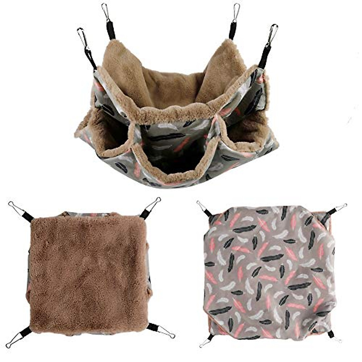 Small Pet Cage Hammock with 3 Christmas Bell Ornaments,Triple Layer Hammock Hamster Guinea Pig Cage Accessories Bedding Cozy Ferret Tunnel Cave Small Animals Bed for Chinchilla Sugar Glider (Pink)