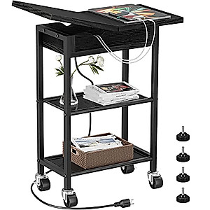 Egepon End Table with Charging Station, Side Table Narrow Flip Top with USB Ports & Power Outlets for Small Spaces, Sofa Table Nightstand with Storage Shelves Rolling Wheels for Living Room Bedroom