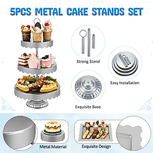 Uiifan 7 Pcs Cake Stand Set Metal Dessert Table Display Stands 3 Tiered Cupcake Holder Serving Tray Round Cake Plates Decoration for Birthday Party, Wedding, Teatime, Festival (Silver)