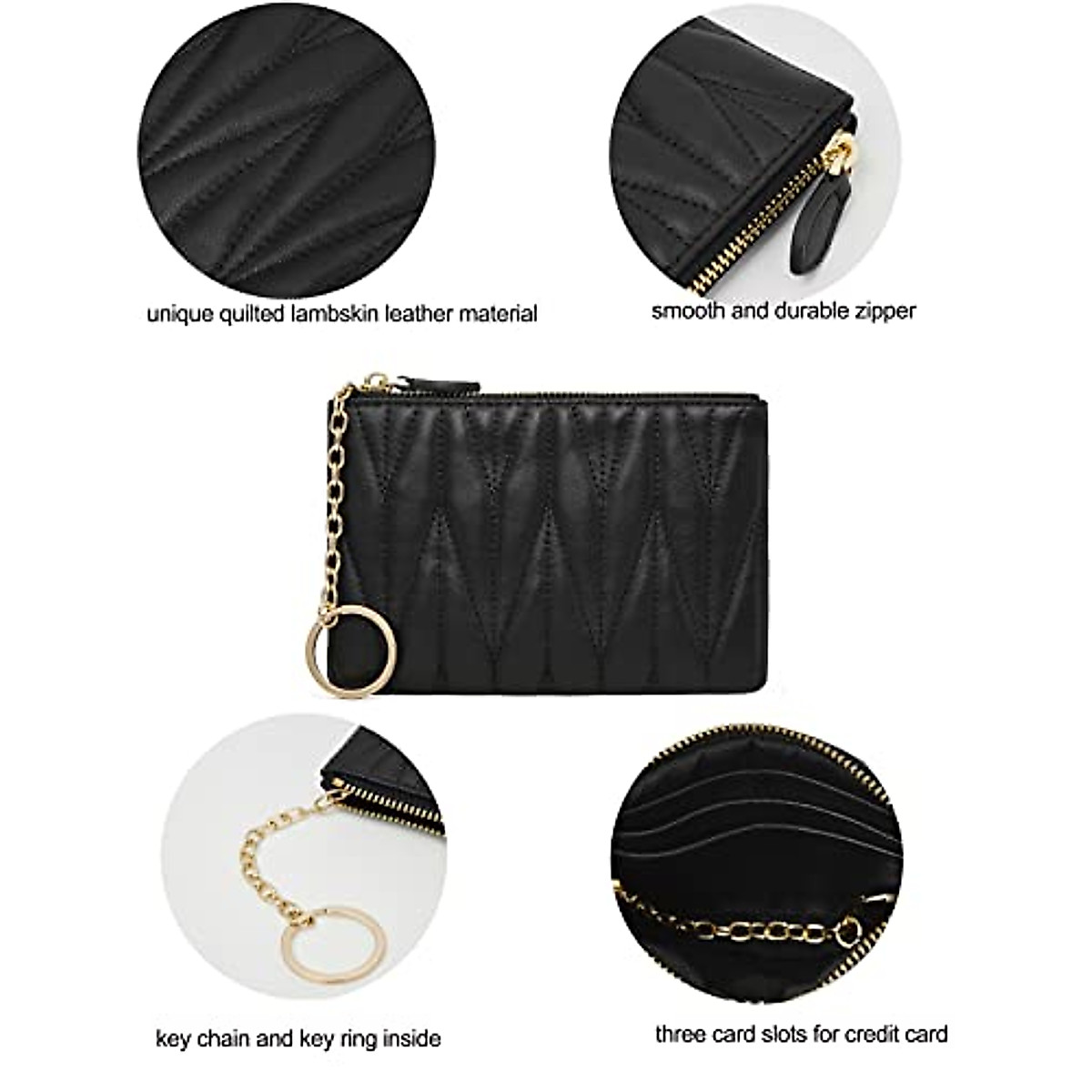 Soft Lambskin Leather Coin Purse Small Quilted RFID Blocking Top Zipper Wallet With Key Chain…