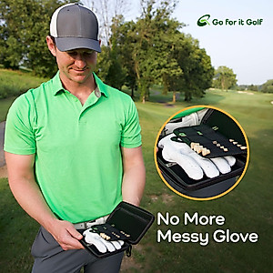 Go For It Golf Glove Case with Glove Shaper For a Wrinkle Free Glove - Golf Case with Magnetic Glove Holder - Organizer for Golf Divot Tool and Golf Accessories for Men & Women - Key Holder (Black)