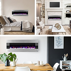 Electric Fireplace - 54 Inch Wall Mounted Fireplace Heater with Remote Control Adjustable LED Flame Color, Timer, and Heat by Northwest (Silver)