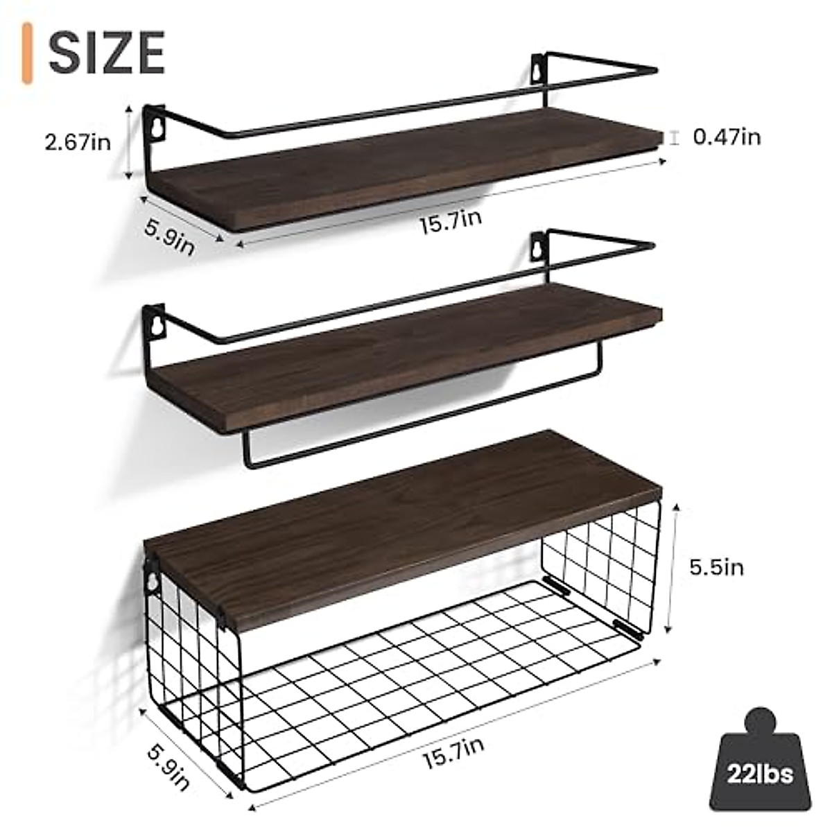 upsimples Bathroom Shelves with Storage Basket, Wall Shelves Over Toilet with Towel Bar and Paper Holder, Farmhouse Wood Floating Shelf for Bedroom, Living Room, Kitchen, Office, Dark Brown Set of 3