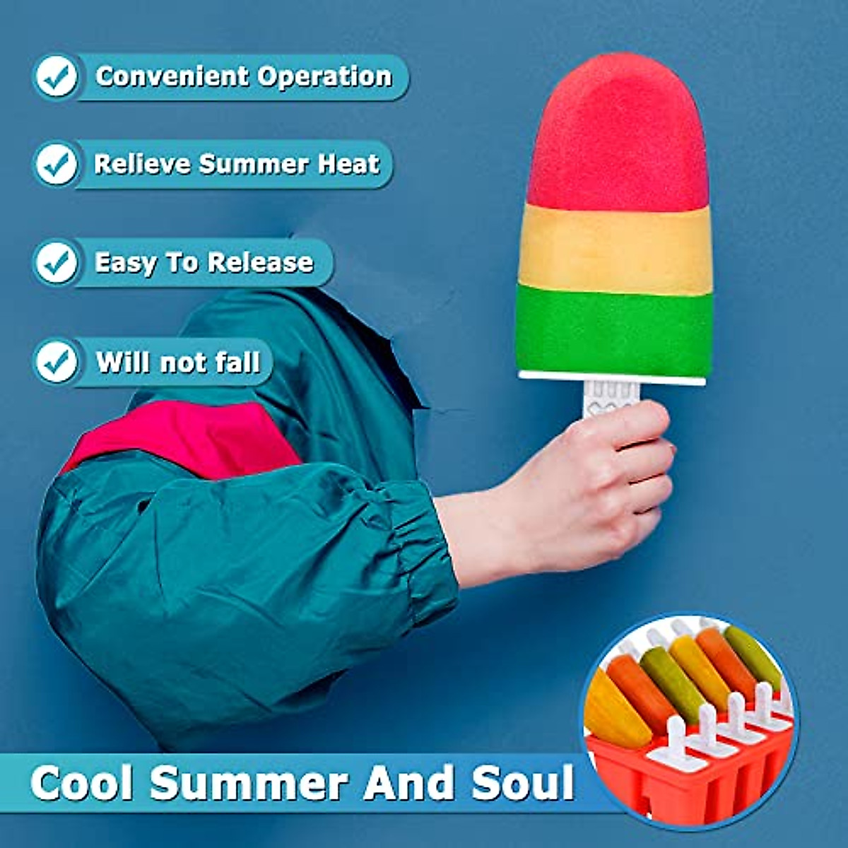 Silicone Popsicle Molds 10-cavity, DIY Ice Pop Mold for Kids Adult Teens, BPA Free Ice Cream Molds for Party Yogurt Juice Smoothies Sticks