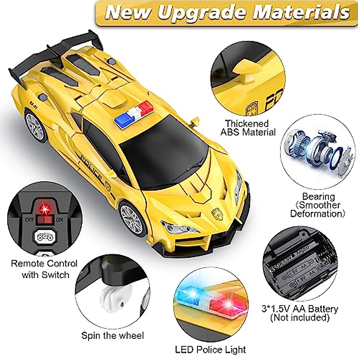 LNNKINE Remote Control Car, Transform Robot RC Cars, 2.4Ghz Transforming Police Car Toy with LED Light, One-Button Deformation and 360° Rotating Drifting, Toys for 5+ Year Old Boys/Girls