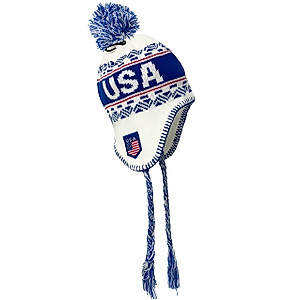USA Winter Hat, White Knit Beanie Snow Winter Hat Ski Cap with Pom, USA Hat with Ear Flaps and Fleece Lining