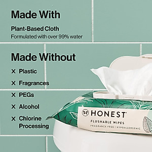 The Honest Company Flushable Wipes for Sensitive Skin | Fragrance Free, Hypoallergenic, 99% Water, Safe to Flush | Tropical Leaves, 126 Count