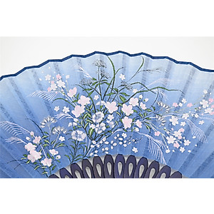 OMyTea® "Grassflowers 8.27"(21cm) Hand Held Folding Fans - With a Fabric Sleeve for Protection for Gifts - Chinese/Japanese Vintage Retro Style (Blue)