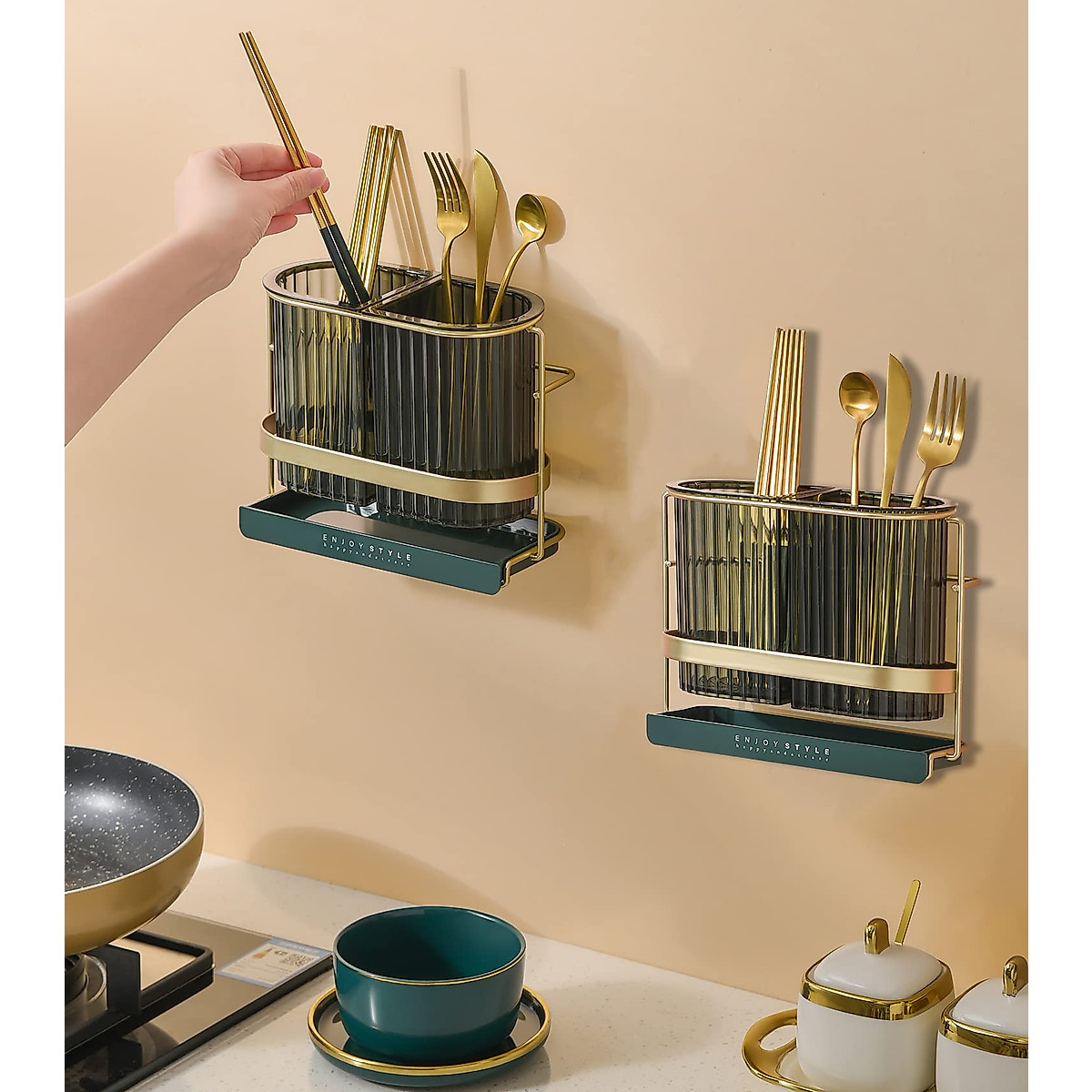 HAFUU Wall Mount Chopstick Holder with Drain Tray, Utensil Holder Silverware Drying Rack for Countertop Sink Flatware Caddy, Hanging Utensil Holder for Chopsticks Straws Forks Spoons Knives