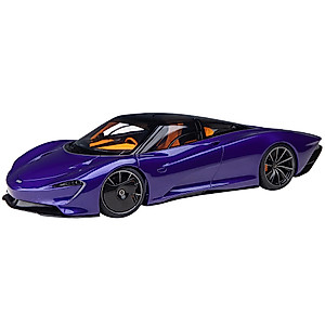 McLaren Speedtail Lantana Purple Metallic with Black Top and Yellow Interior and Suitcase Accessories 1/18 Model Car by Autoart 76089