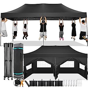 COBIZI 10x20 Pop Up Canopy with 6 Sidewall,Heavy Duty Canopy UPF 50+ All Season Wind Waterproof Commercial Outdoor Wedding Party Tents for Parties Canopy Gazebo with Roller Bag(10 x 20 ft Black)