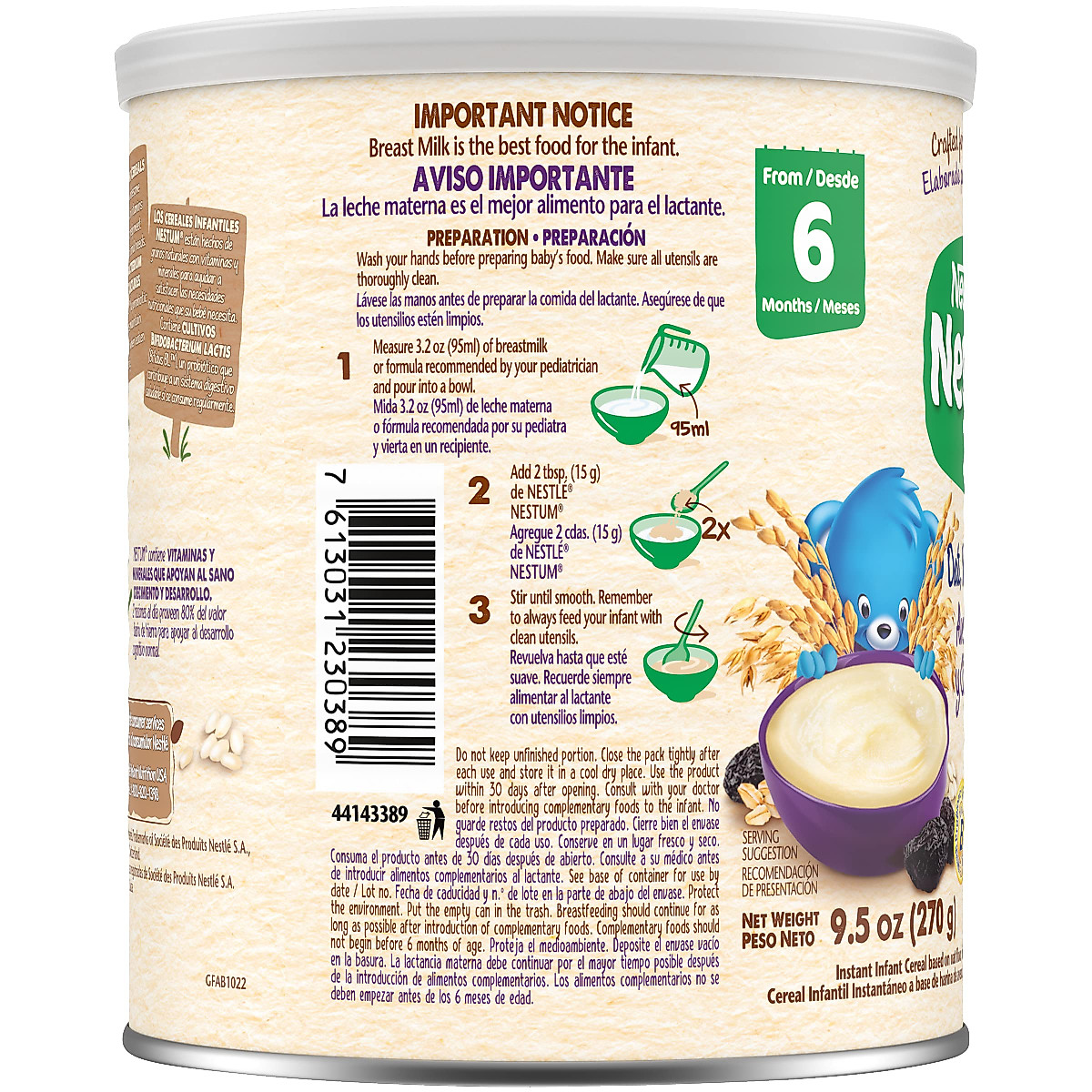 Nestle Nestum Infant Cereal, Oat, Rice & Prune, Made for Infants 6 Months, 9.5 Ounce Canister (Pack of 1)