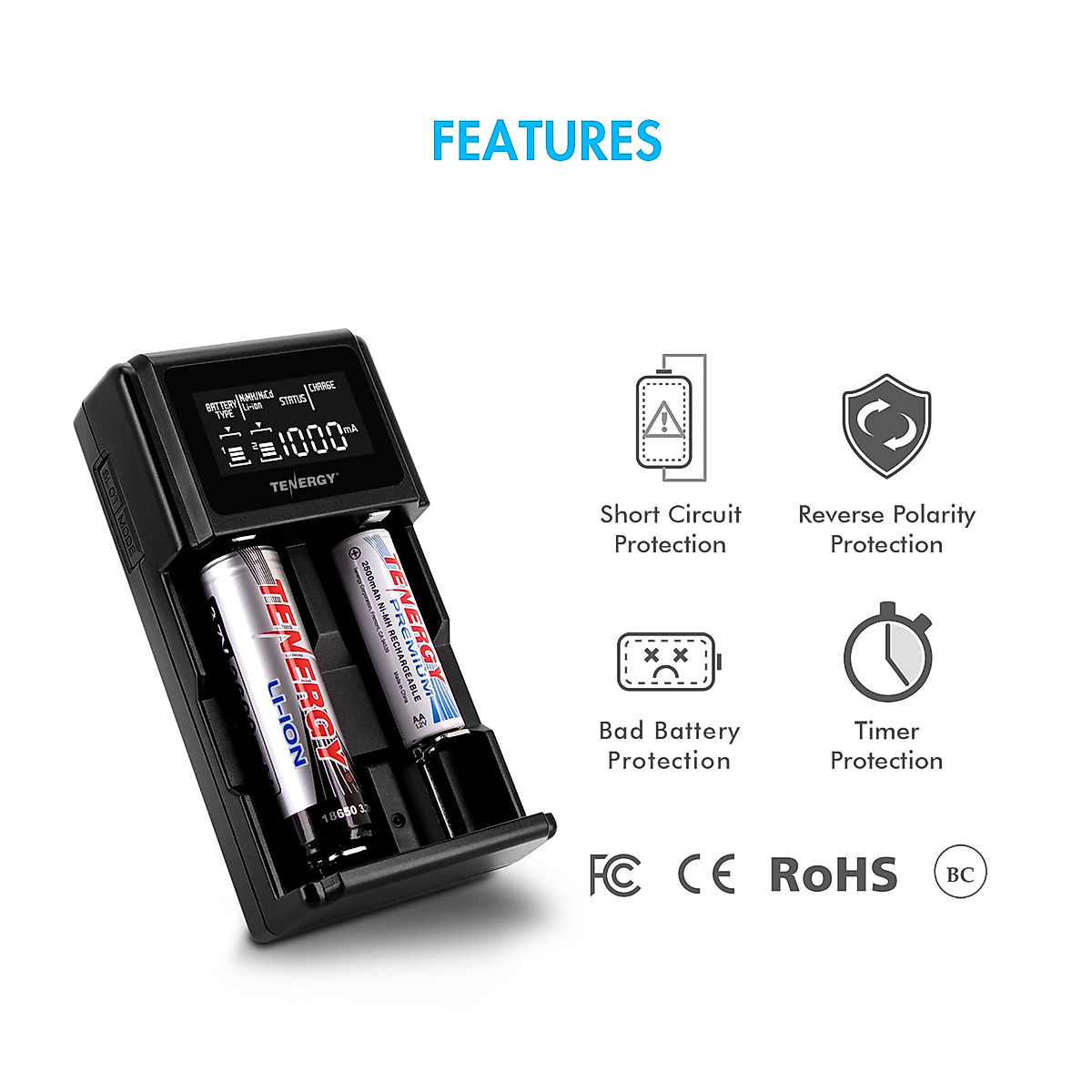 Tenergy TN471U 2-Bay Universal Battery Charger with LCD for Li-ion/NiMH/NiCD Rechargeable Batteries, Micro USB Input, Portable Charger for Batteries Sizes 18650, 16340, 26650, AA, AAA, and More