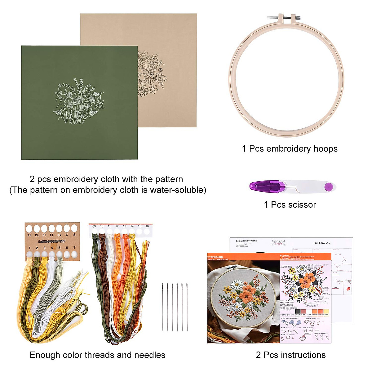 FEPITO 2 Sets Full Range Embroidery Starter Kit with Pattern and Instructions Cross Stitch Kit Includes 2 Pcs Embroidery Clothes with Floral Pattern, 1 Pcs Plastic Embroidery Hoops, 1 Pcs Scissor