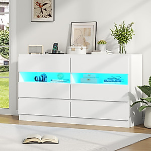 Loomie 6 Drawer Dresser with Power Outlet, Modern Chest of Drawers with LED Light, Dresser for Bedroom, Double Wide Drawer Dresser Organizer Cabinet for Living Room, Entryway (White)