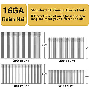 SimCos 16 Gauge Straight Finish Nails,1-1/4", 1-1/2", 2", 2-1/2", Assorted Size Project Pack for Pneumatic, Electric Finish Nailer or Nail Gun (Galvanized Steel)