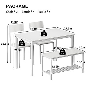 soges 4 Person Dining Table Set,43.3 inch Kitchen Table Set for 4,2 Chairs with Backrest,2-Person Bench with Storage, White Rack,Nesting Furniture Set for Dining Room and Restaurant, White