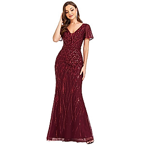 Ever-Pretty Women's Deep V-Neck Short Sleeves Open Back Fishtail Sparkle Formal Dresses Burgundy US6