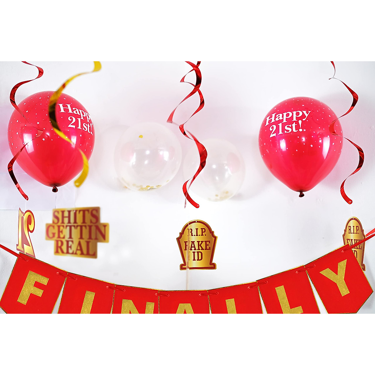 FINALLY LEGAL Red & Gold Party Pack - 21st Birthday Banner, Balloon and Swirls Pack- Birthday Decorations - 21st Birthday Party Supplies, Favors and Gifts