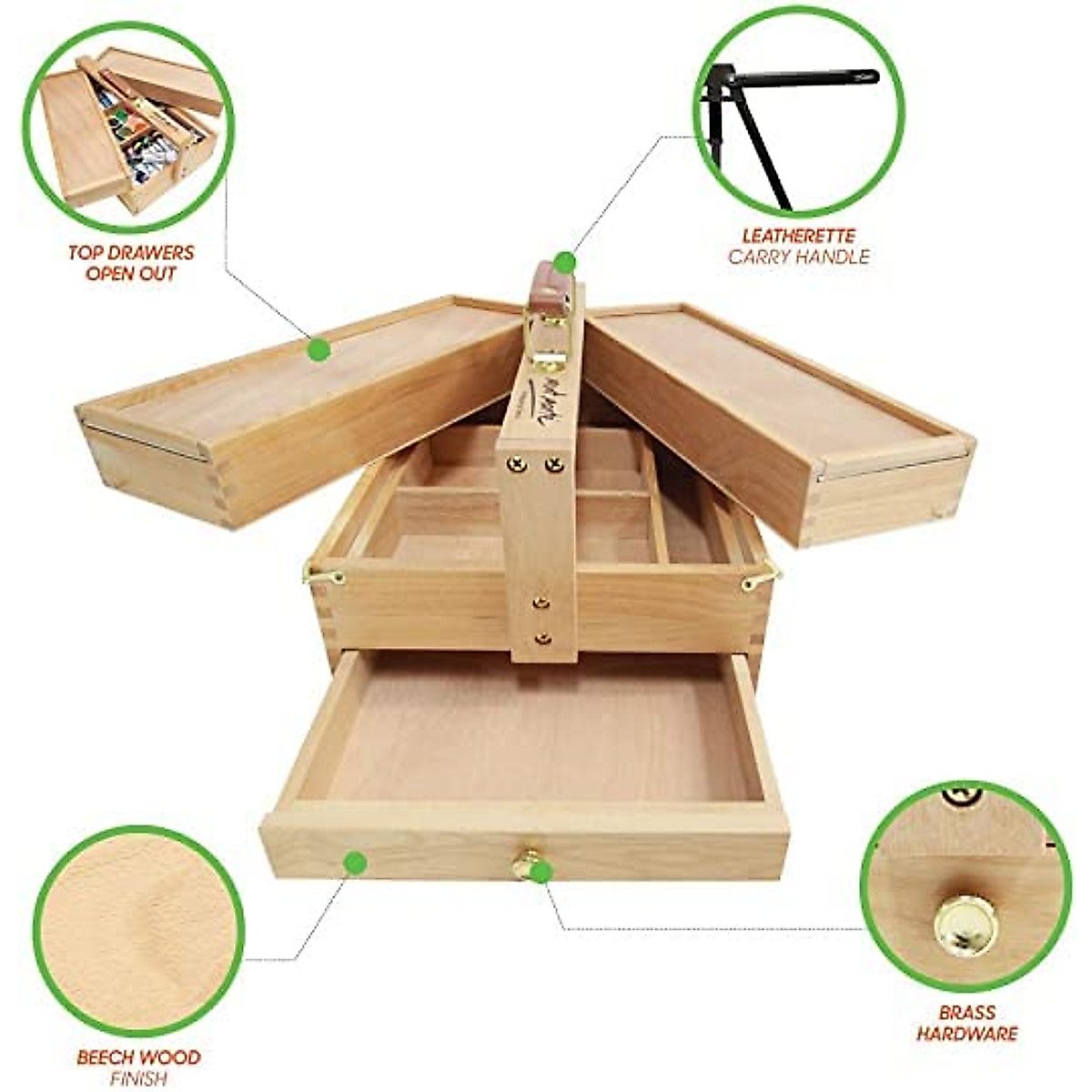 Mont Marte Multi-Purpose Wooden Art Box. 3 Layers of Storage for Organizing Art Supplies. Features a Leather Carry Handle for Easy Transport