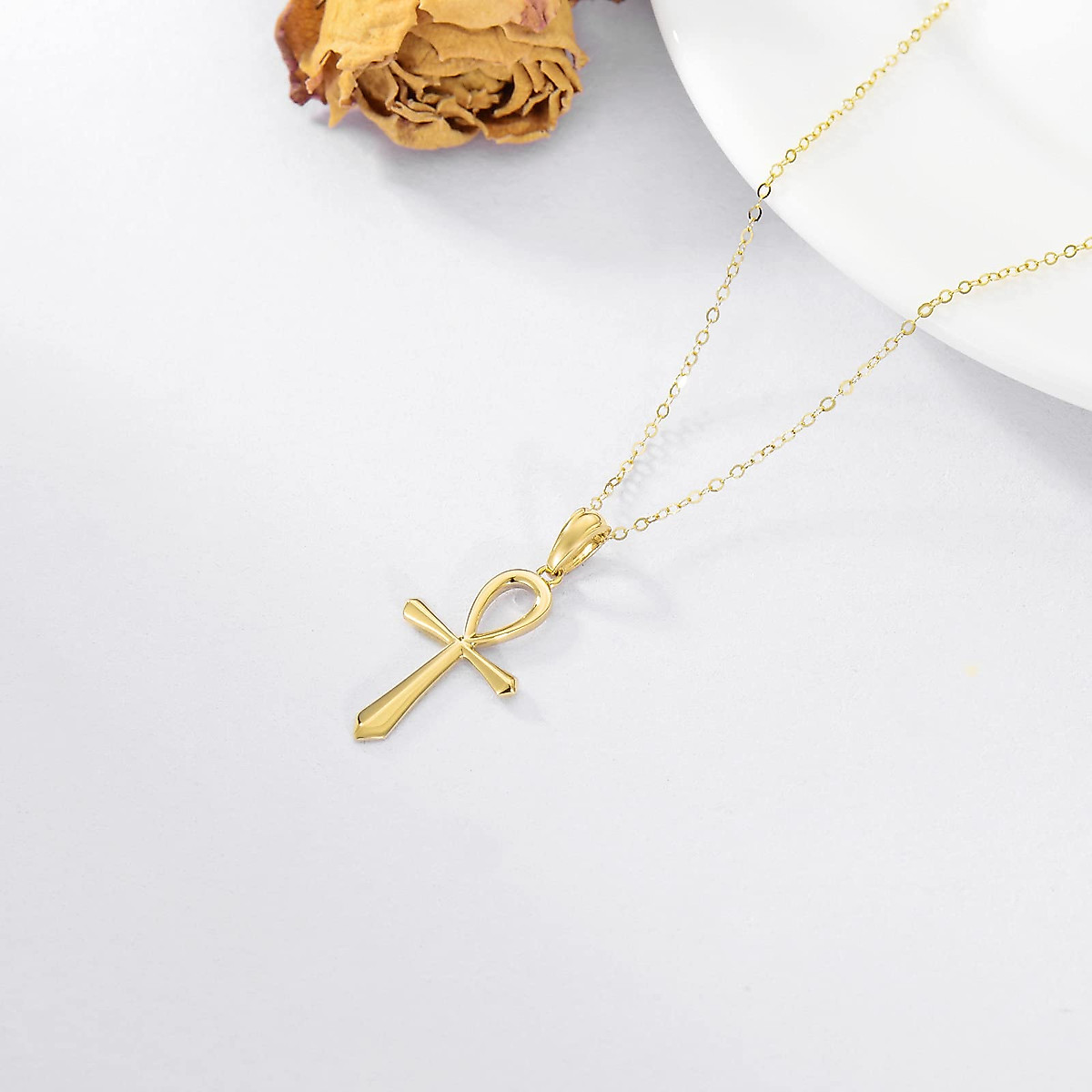 WSX Solid 14k Yellow Gold Egyptian Ankh Cross Pendant Necklace for Women Polished Egypt Jewelry Religious Charm Gift for Her