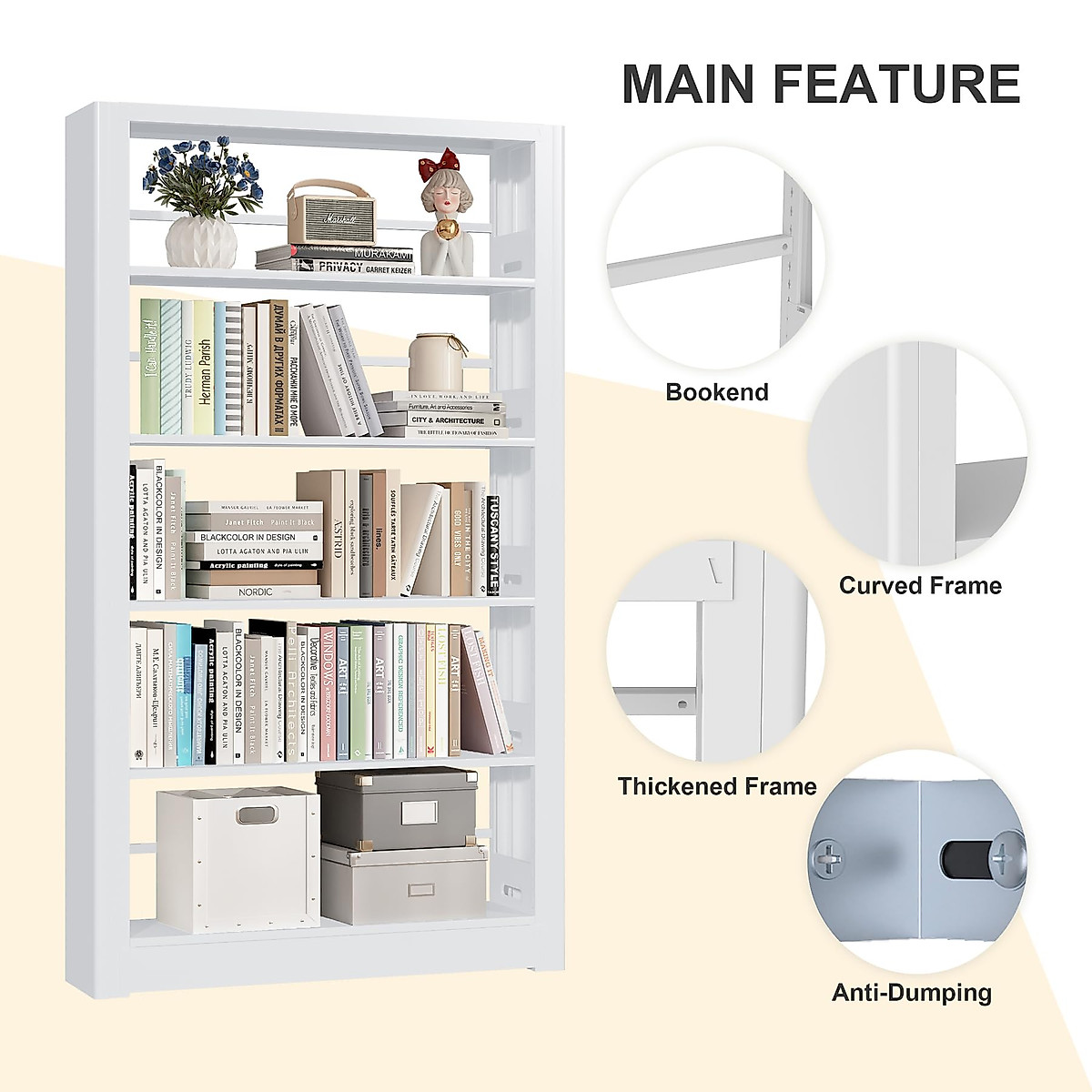 LyAosdFu Heavy Duty Metal Bookshelf, 5 Shelf Adjustable Bookcase, 69’’ Tall Modern Bookshelves, Open Book Shelf Organizer, Large Sturdy Book Case for Living Room, Library, Office, White Book Shelf