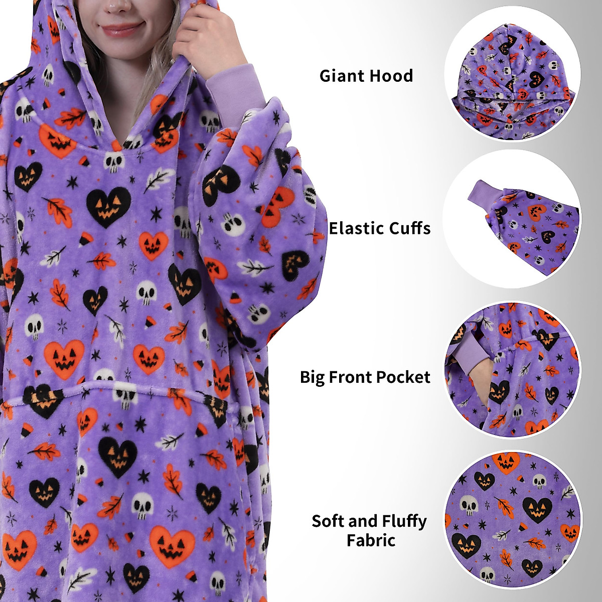 Easy-Going Oversized Flannel Wearable Blanket Hoodie for Adults, One Size Fits All, Purple