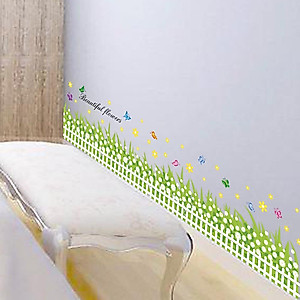 BIBITIME Garden White Fence Flower Green Grassland Borders Stickers Beautiful Butterfly Wall Decal for Kitchen Living Room Nursery Bedroom Kids Room Decor Home Art Mural