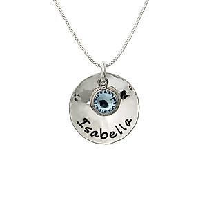 Sterling Silver Personalized Domed and Hammered One Name Necklace. Customize with Your Choice of Characters. Hammered Finish. Includes 925 Chain and Swarovski Birthstone. Gifts for Her, Mother, Wife