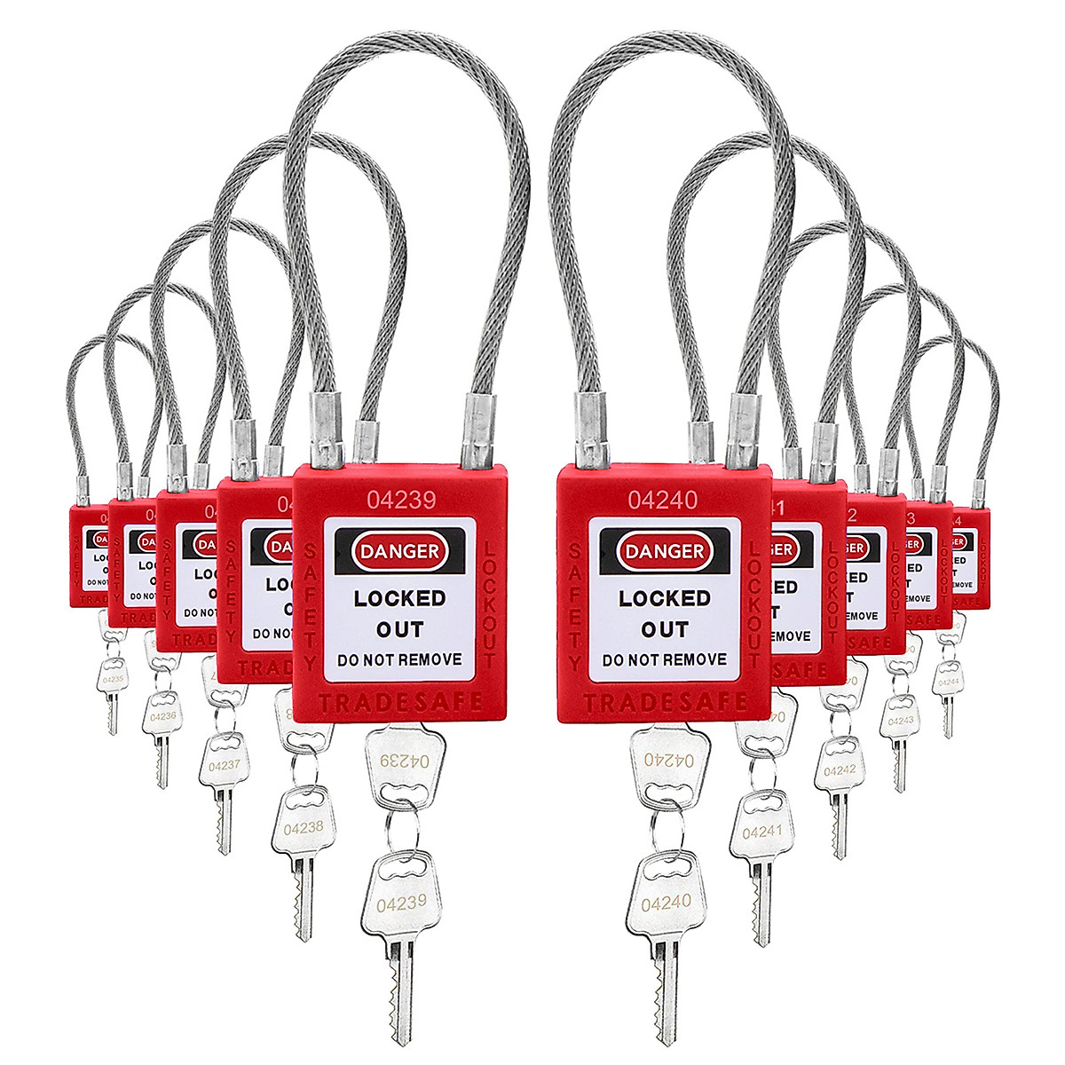TRADESAFE Lockout Tagout Steel Cable Locks with Keys,10 Red Keyed Different Electrical Lockout Padlock Set, 2 Keys per Lock, OSHA Compliant, Premium Grade