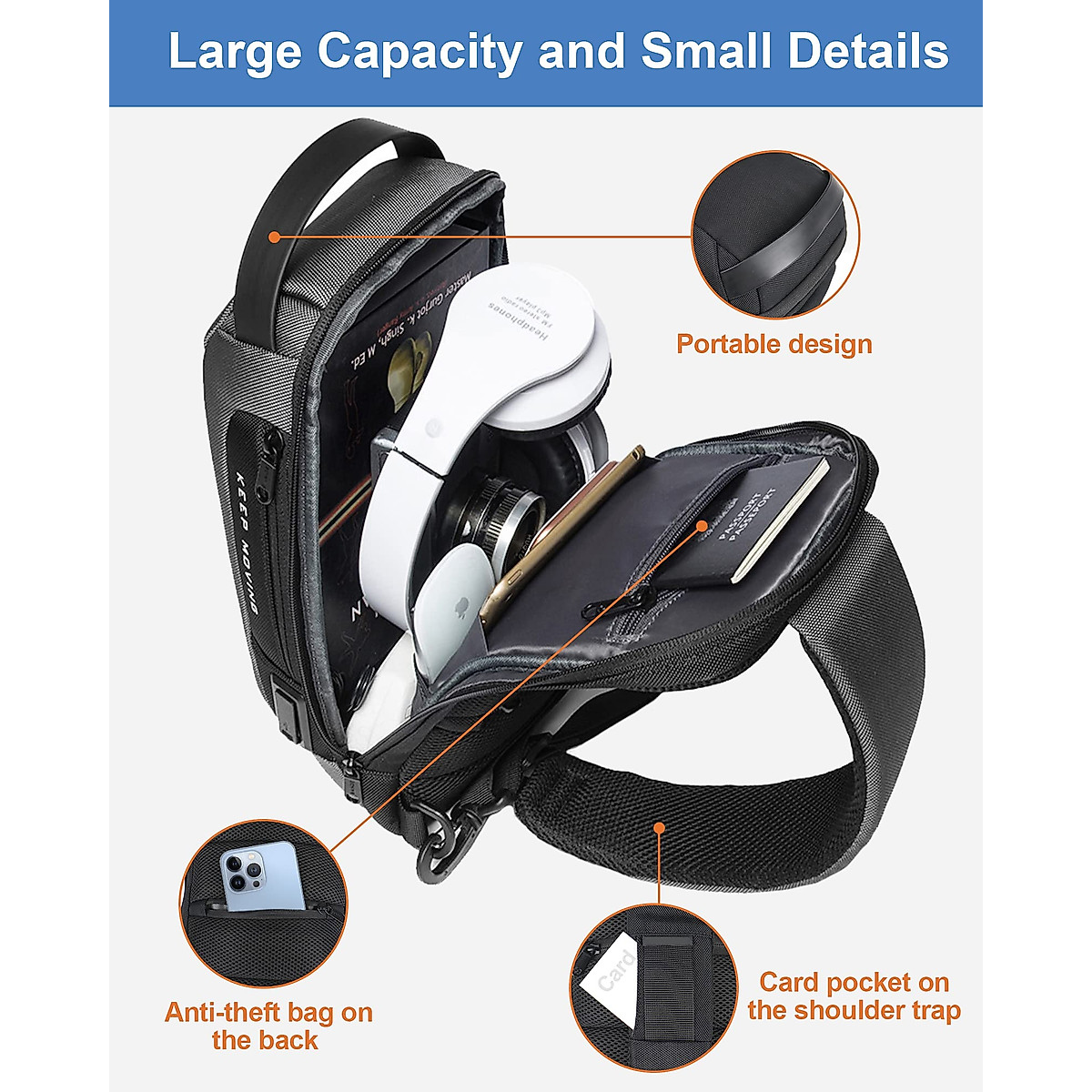 Voohek Sling Bag Backpack Cross Body Waterproof Anti-Theft Shoulder Daypack with USB Charging Port, Black