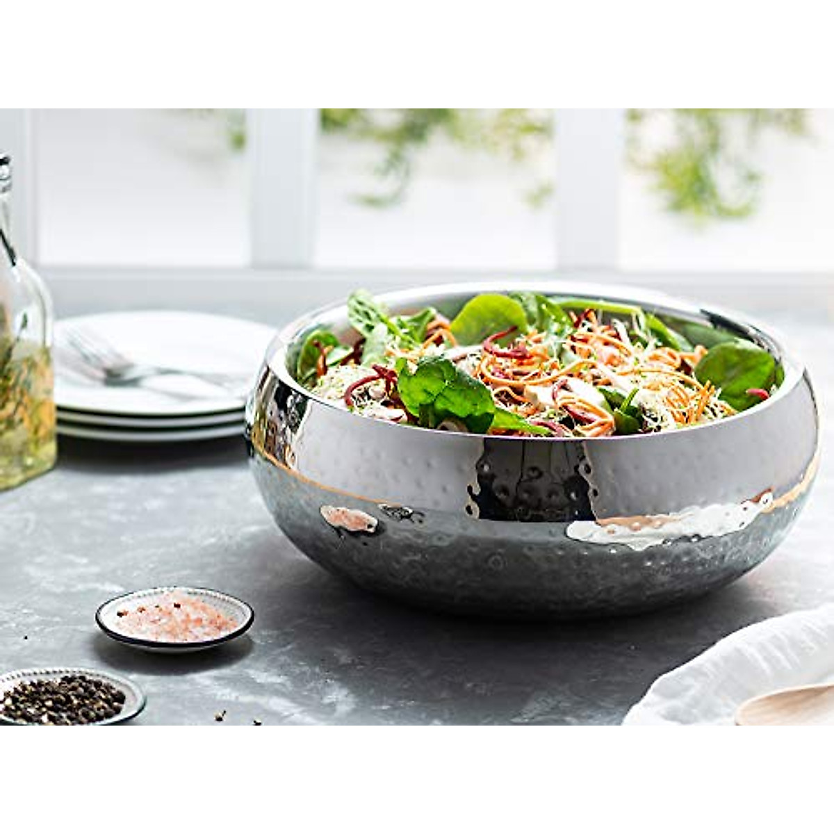 KooK Double-Walled Serving Bowl, Hammered Insulated Stainless Steel, For Hot and Cold Foods, Salads, Soups, Fruit, Large 1.05 Gal Capacity, Silver, 11 Inch