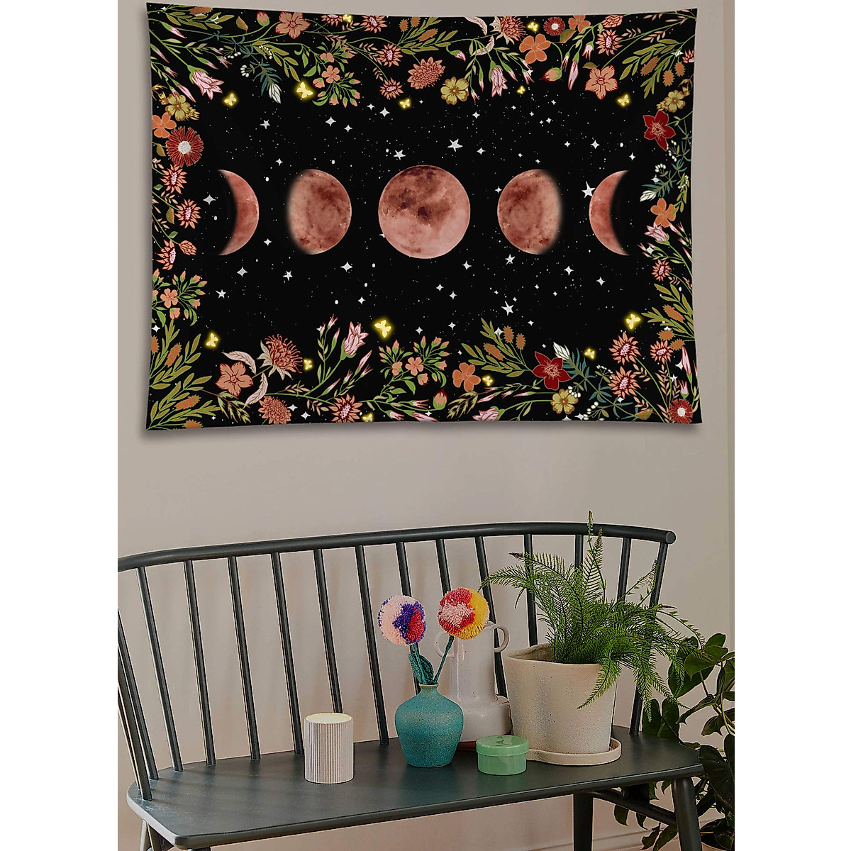 Rexful Moonlit Garden Tapestry, Moon Phase Surrounded by Plants and Flowers Black Wall Hanging Blanket 44×60 inch