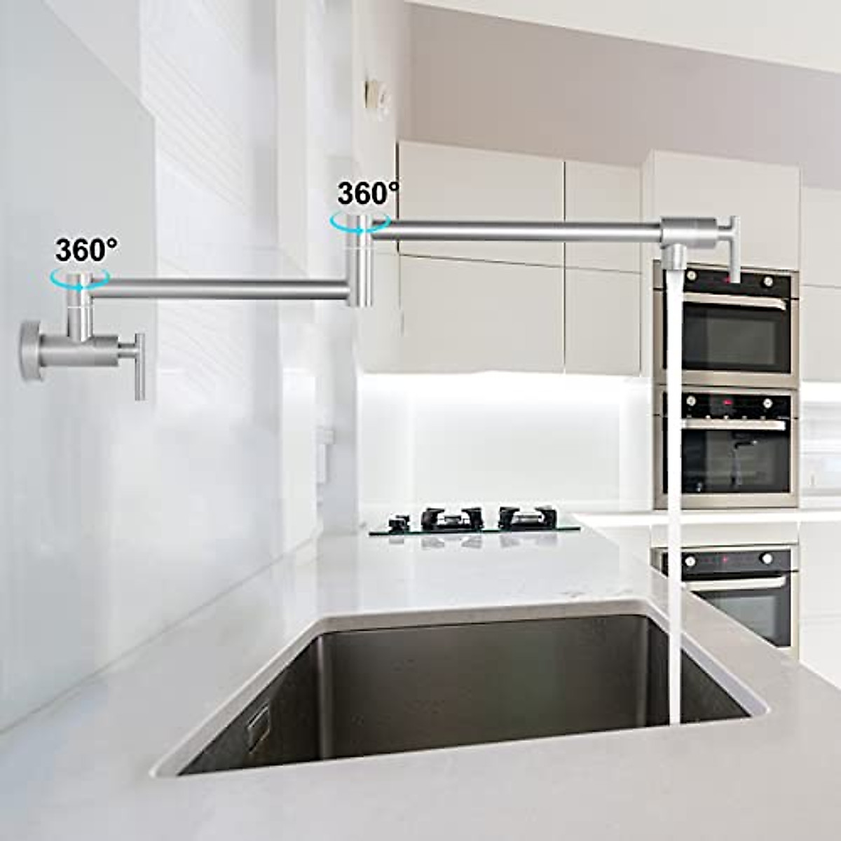 Launceter Pot Filler Faucet, Wall Mount Pot Filler Solid Brass Brushed Nickel Kitchen Faucets, Double Joint Swing Arm Kitchen Sink Pot Filler Faucets, Single Hole with 2 Handles(Brushed Nickel)