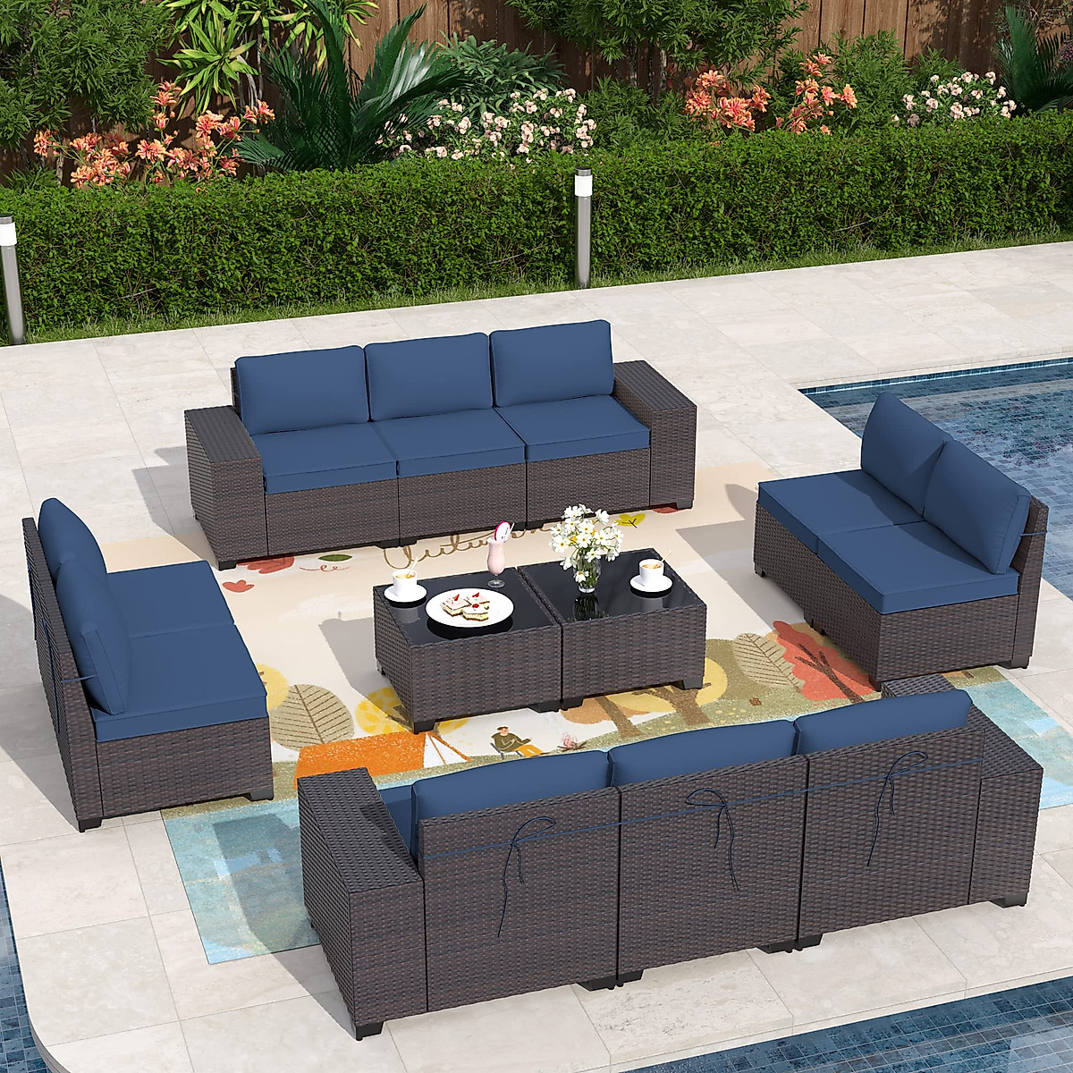 ALAULM 12 Pieces Outdoor Patio Furniture Set Sectional Sofa Sets Brown PE Rattan Patio Conversation Set w/10 Dark Blue Seat Cushions and 2 Coffee Tables
