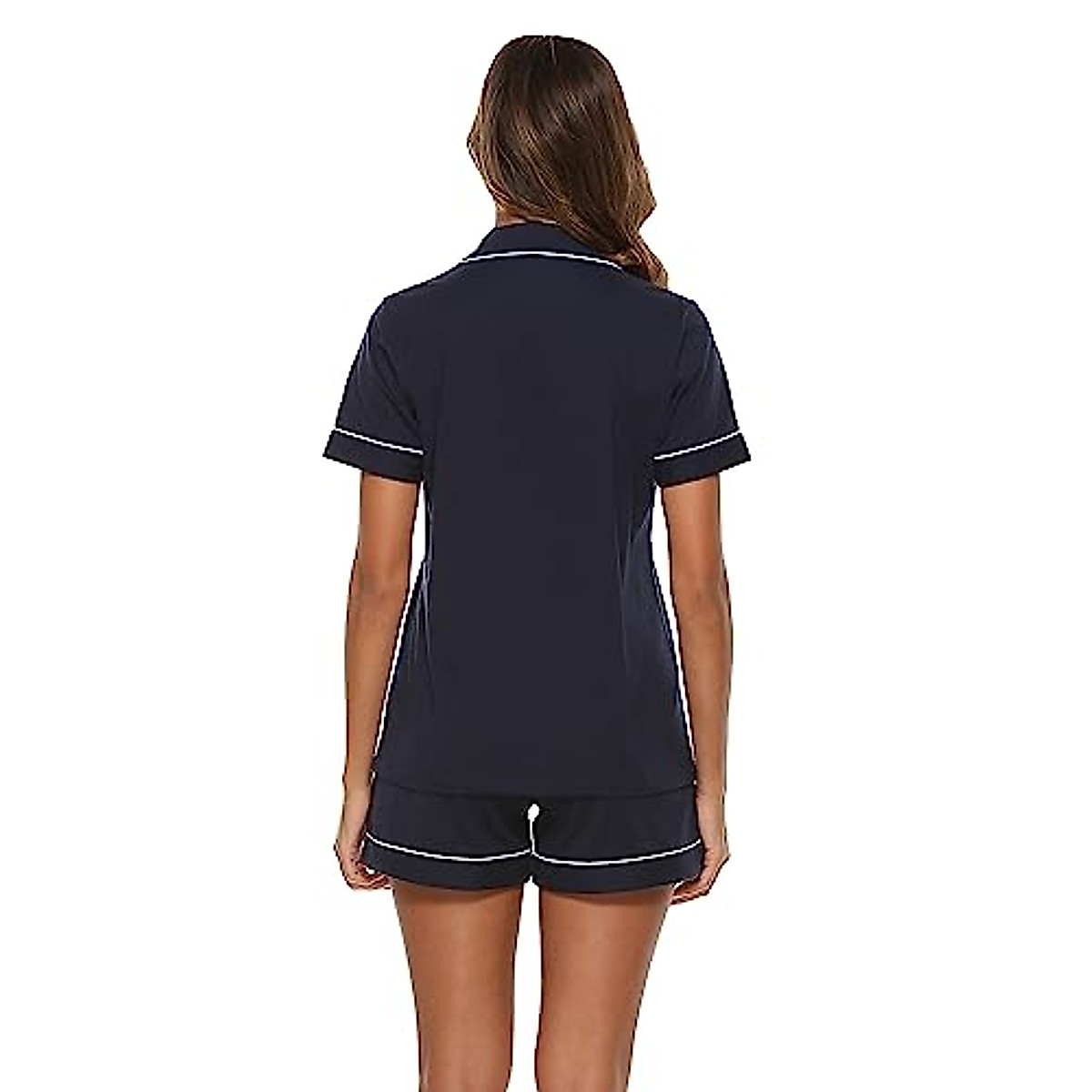 EA'S SECRET Womens Pajamas Set 100% Cotton Soft Short Sleeve Sleepwear Button Down Nightwear Summer Pj Sets S-XXL(Navy Blue,M)