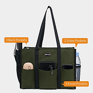 TOPDesign Utility Water Resistant Tote Bag with 13 Exterior & Interior Pockets, Top Zipper Closure & Thick Bottom Support, for Working Women, Teachers, Nurses, Accountants (Green)