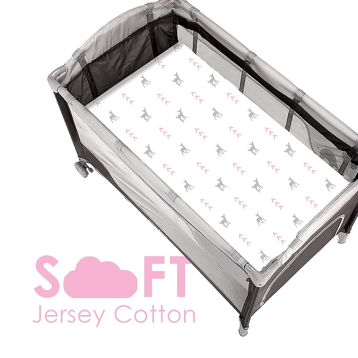 GROW WILD Pack n Play Sheets 3-Pack | Baby Mini Crib Sheets for Girls | Soft Pack and Play Mattress and Crib Bedding Set | Playard Jersey Cotton Fitted Crib Sheets | White Grey Pink Deer and Arrows
